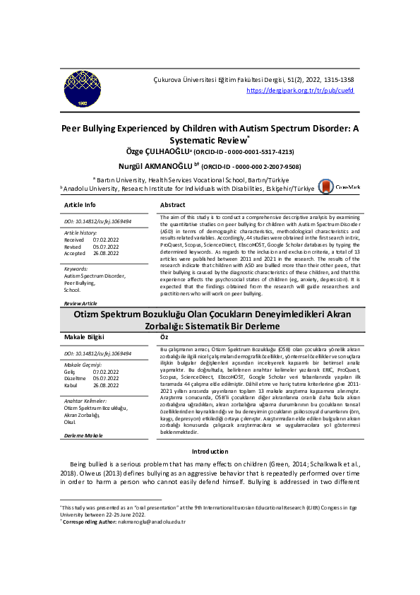 (PDF) Peer Bullying Experienced by Children with Autism Spectrum ...
