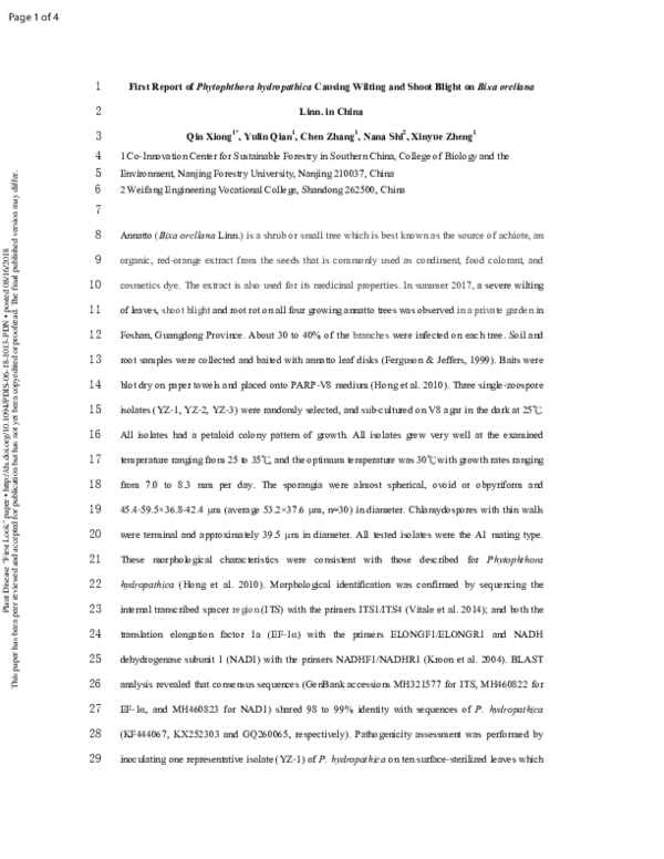 (PDF) First Report of Phytophthora hydropathica Causing Wilting and ...