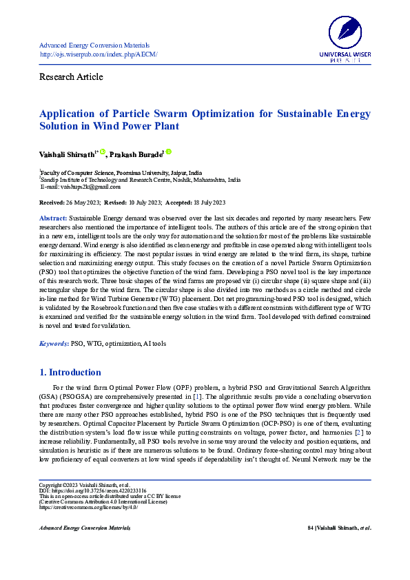 (PDF) Application of Particle Swarm Optimization for Sustainable Energy Solution in Wind Power Plant
