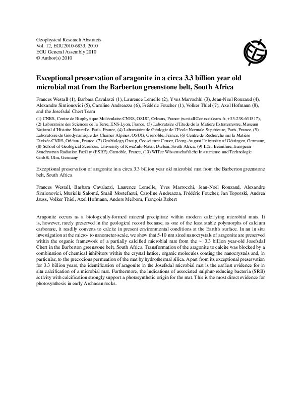 (PDF) Exceptional preservation of aragonite in a circa 3.3 billion year ...