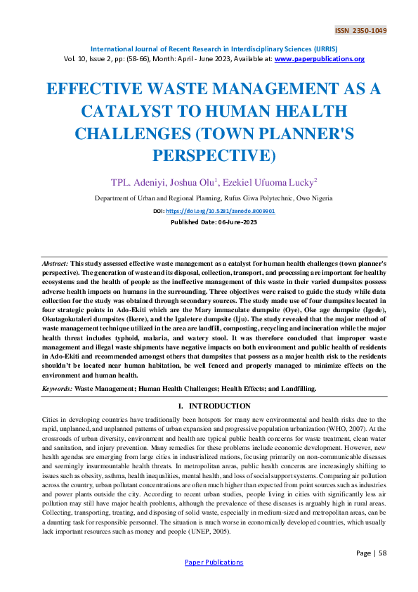 (PDF) EFFECTIVE WASTE MANAGEMENT AS A CATALYST TO HUMAN HEALTH ...