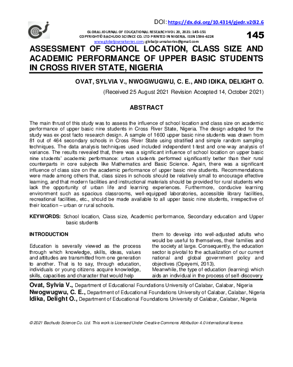 (PDF) ASSESSMENT OF SCHOOL LOCATION, CLASS SIZE AND ACADEMIC PERFORMANCE OF UPPER BASIC STUDENTS ...
