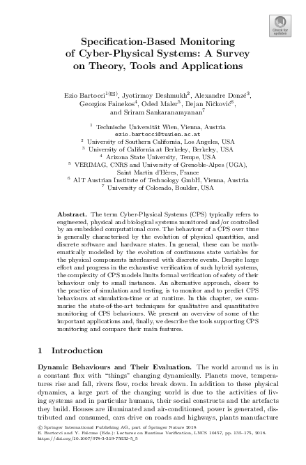 Pdf Specification Based Monitoring Of Cyber Physical Systems A Survey On Theory Tools And