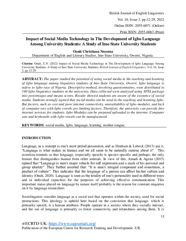 (PDF) Impact of Social Media Technology in The Development of Igbo ...