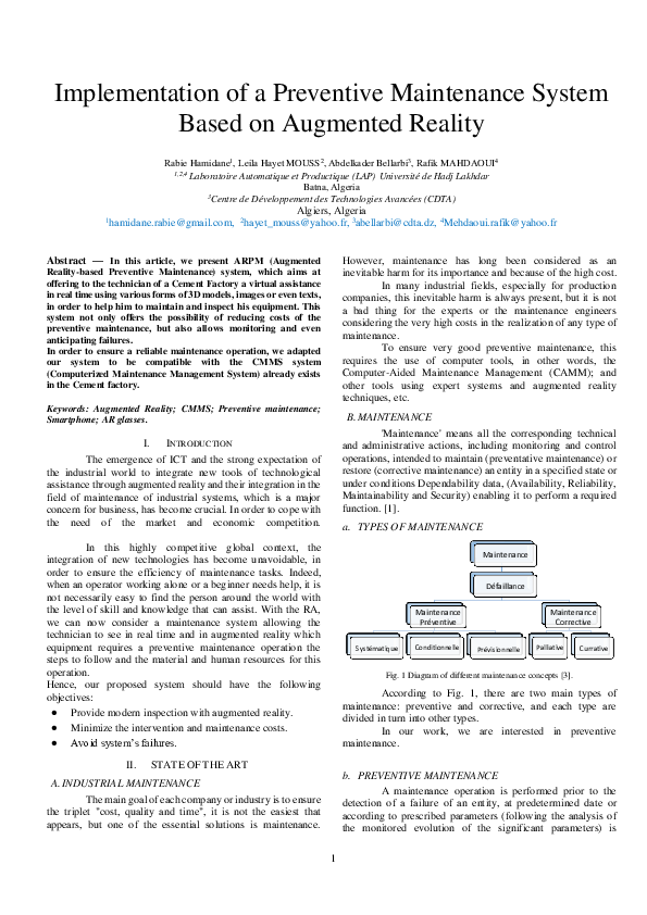 (PDF) Implementation of a Preventive Maintenance System Based on Augmented Reality