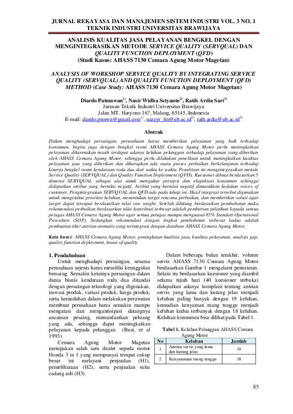 (PDF) ANALISIS KUALITAS JASA PELAYANAN BENGKEL DENGAN MENGINTEGRASIKAN METODE SERVICE QUALITY ...
