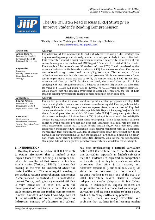 (PDF) The Use Of Listen Read Discuss (LRD) Strategy To Improve Student’s Reading Comprehension