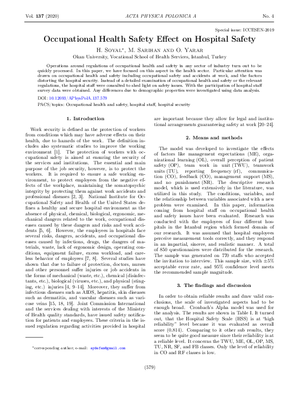 (PDF) Occupational Health Safety Effect on Hospital Safety