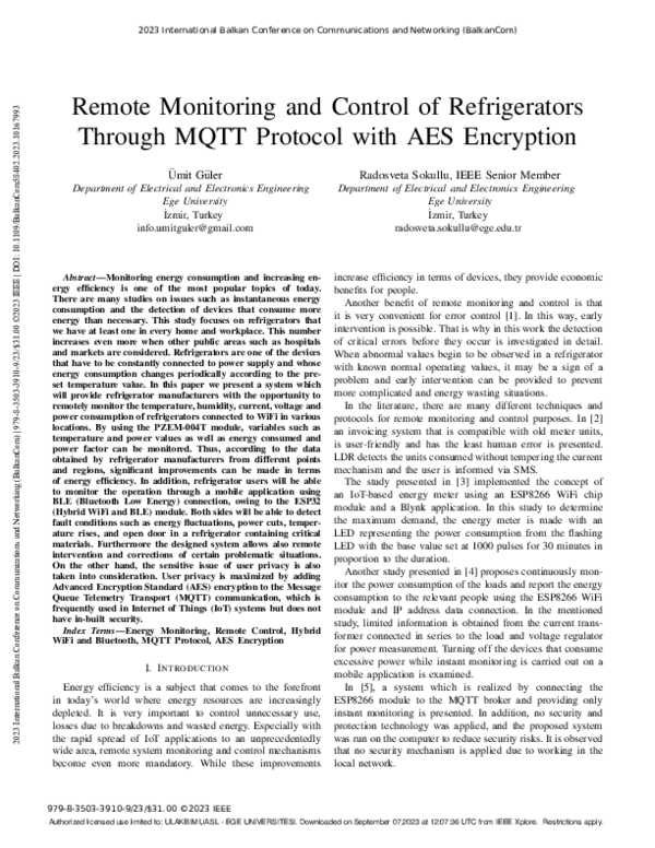 (PDF) Remote Monitoring and Control of Refrigerators Through MQTT Protocol with AES Encryption