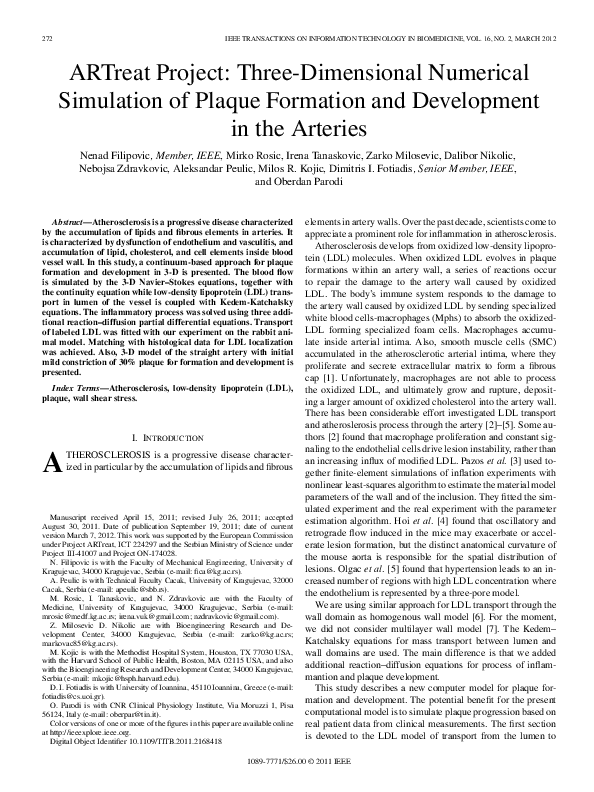 (PDF) ARTreat Project: Three-Dimensional Numerical Simulation of Plaque Formation and ...