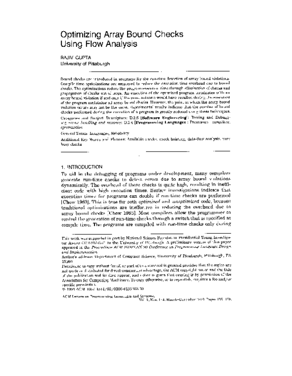 (PDF) Optimizing array bound checks using flow analysis | Rajiv Gupta - Academia.edu