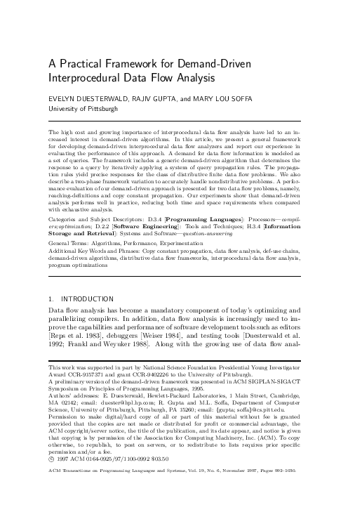 Pdf A Practical Framework For Demand Driven Interprocedural Data Flow Analysis Rajiv Gupta