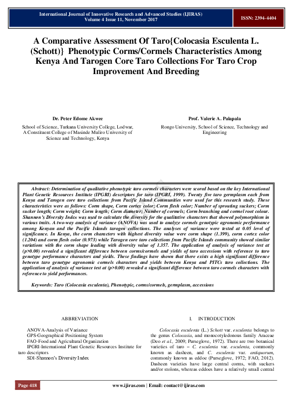 (PDF) A Comparative Assessment Of Taro { Colocasia Esculenta L ...