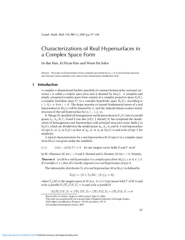 (PDF) Characterizations of Real Hypersurfaces in a Complex Space Form