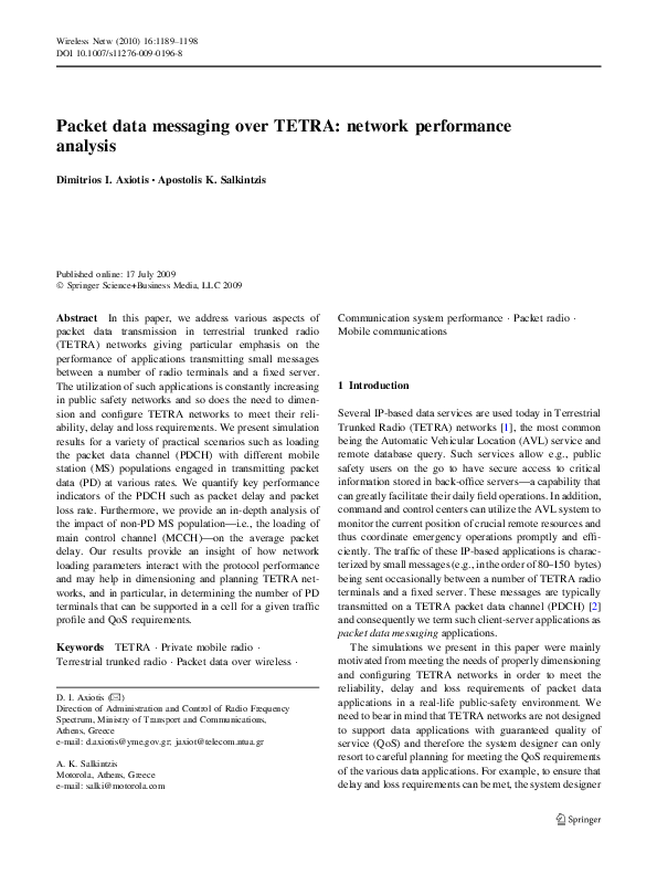(PDF) Packet data messaging over TETRA: network performance analysis