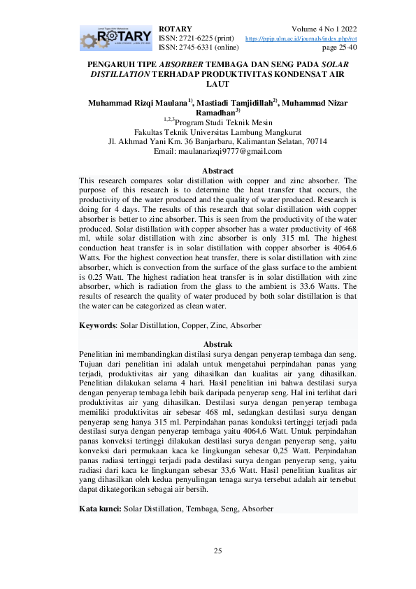 (PDF) Pengaruh Tipe Absorber Tembaga Dan Seng Pada Solar Distillation Terhadap Produktivitas ...