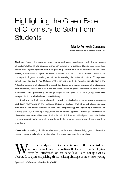 (PDF) Highlighting the green face of chemistry to sixth-form students