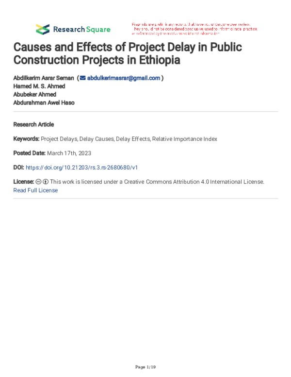 (PDF) Causes and Effects of Project Delay in Public Construction Projects in Ethiopia