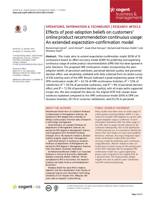 Effects of post-adoption beliefs on customers’ online product ...