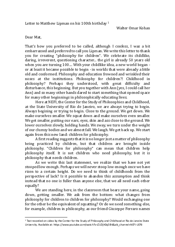 (PDF) Letter to Matthew Lipman on his 100th birthday / Carta a Matthew ...