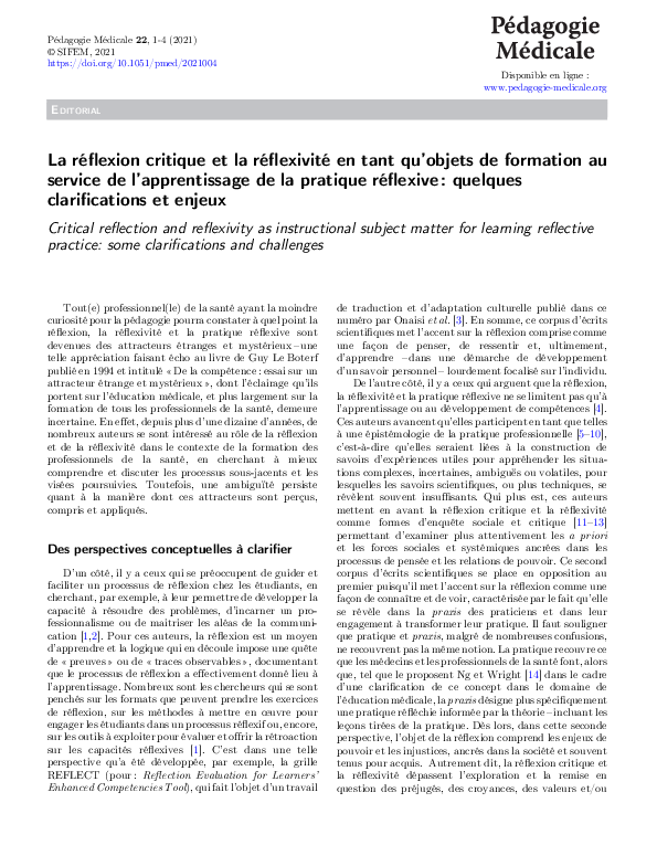 (PDF) La réflexion critique et la réflexivité en tant qu’objets de ...