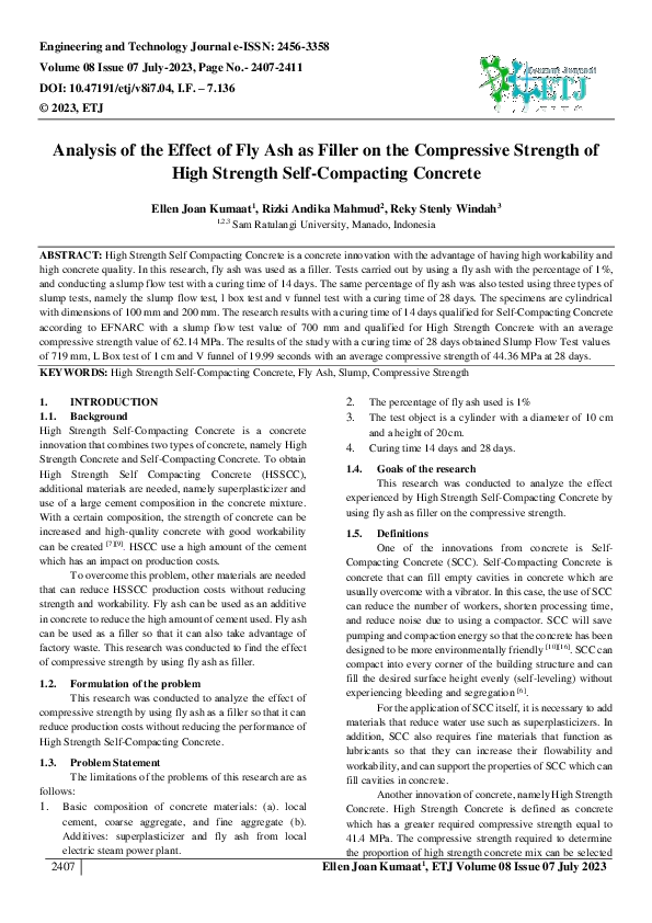 (PDF) Analysis of the Effect of Fly Ash as Filler on the Compressive Strength of High Strength ...