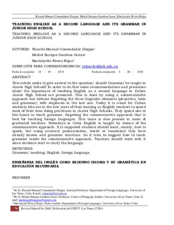 (PDF) Teaching English as a Second Language and Its Grammar in Junior High School