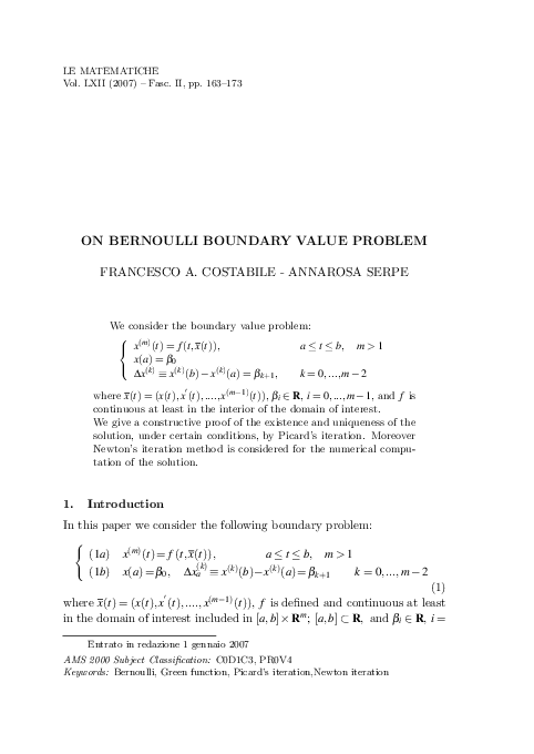 (PDF) On Bernoulli boundary value problem | Francesco Aldo A Costabile - Academia.edu