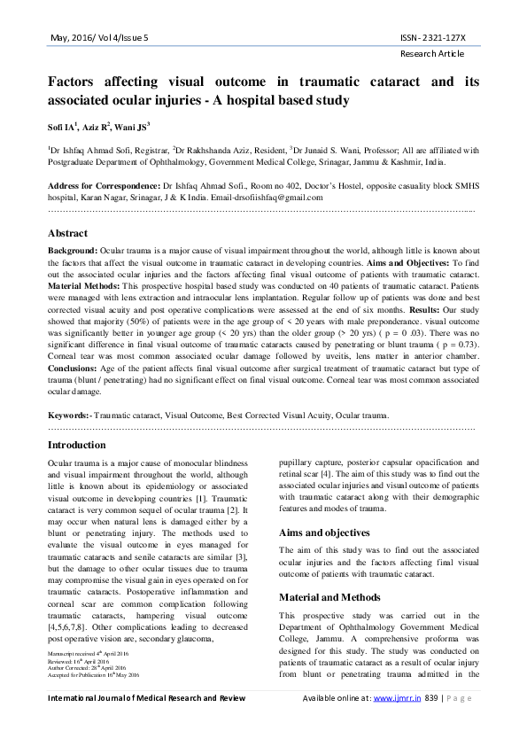 (PDF) Factors affecting visual outcome in traumatic cataract and its associated ocular injuries ...