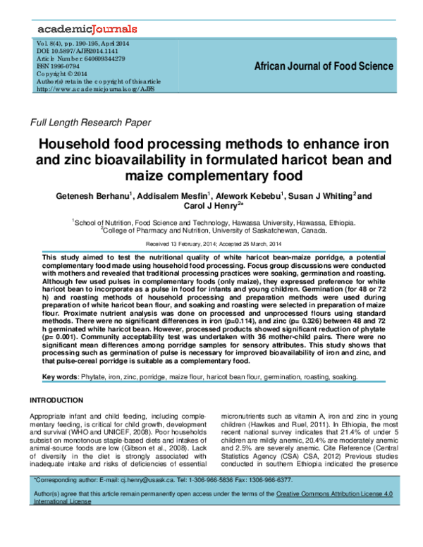 (PDF) Household Food Processing Methods to Enhance Iron and Zinc Bioavailability in Formulated ...