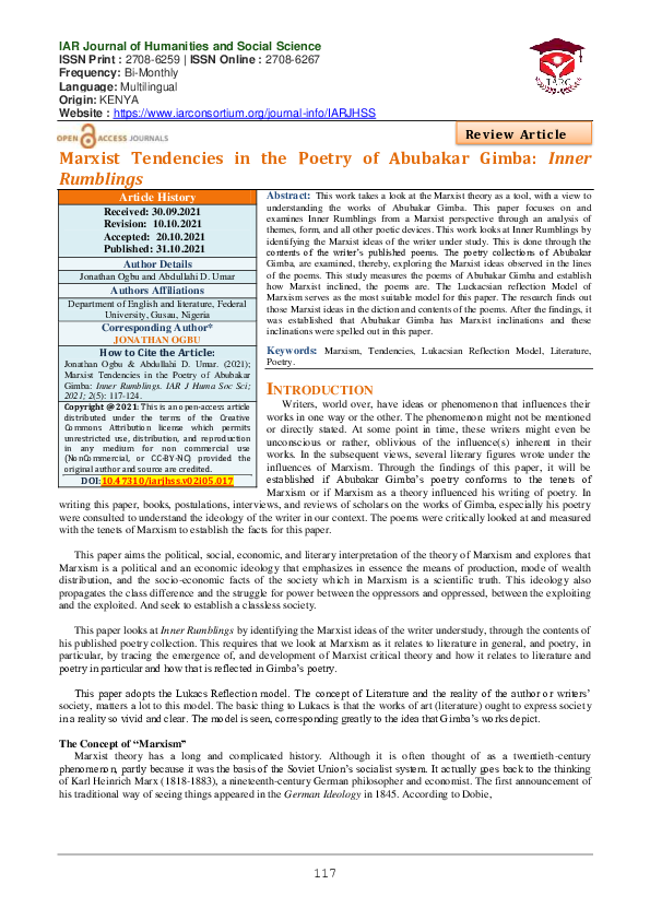 (PDF) Marxist Tendencies in the Poetry of Abubakar Gimba: Inner Rumblings