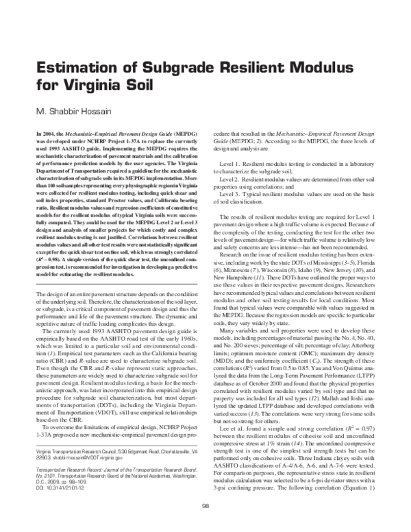 (PDF) Estimation of Subgrade Resilient Modulus for Virginia Soil
