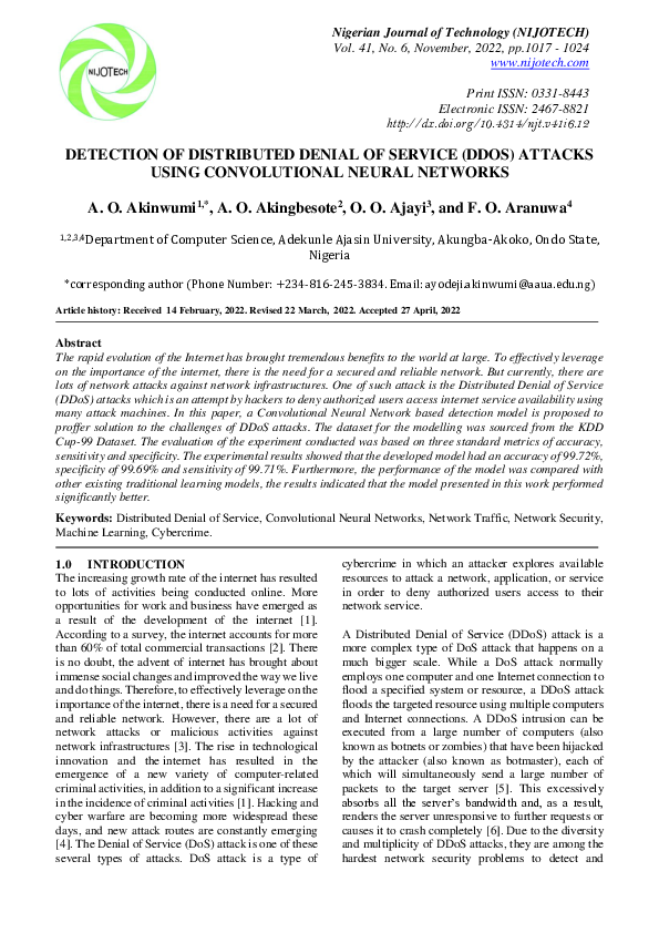 Pdf Detection Of Distributed Denial Of Service Ddos Attacks Using Convolutional Neural
