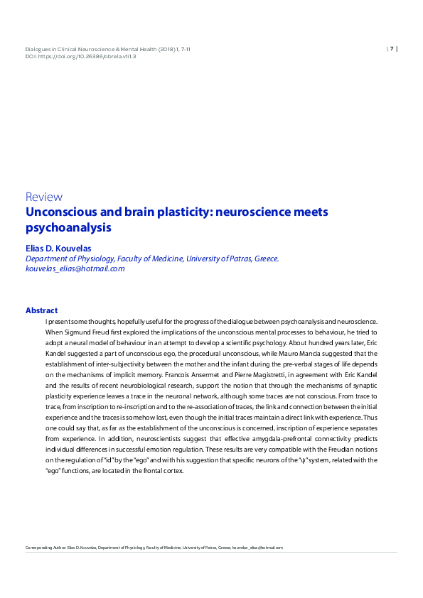 (PDF) Unconscious and plasticity: Bridges between psychoanalysis and ...