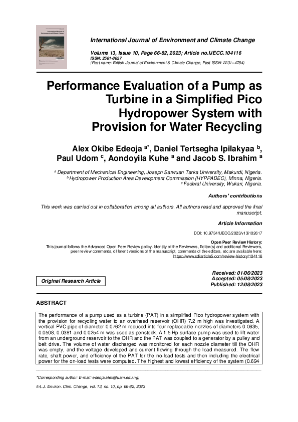 (PDF) Performance Evaluation of a Pump as Turbine in a Simplified Pico Hydropower System with ...