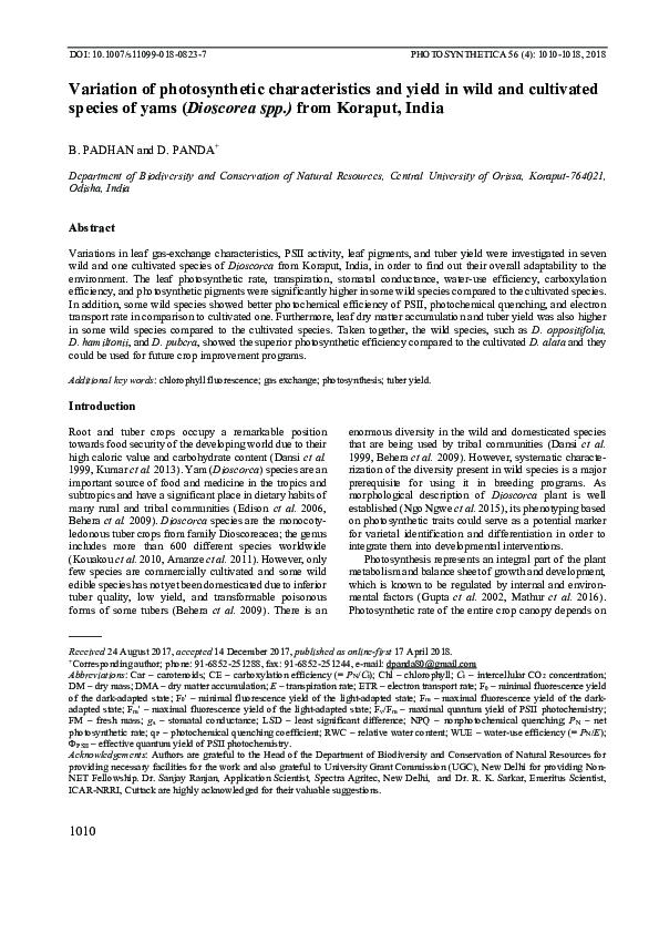 (PDF) Variation of photosynthetic characteristics and yield in wild and cultivated species of ...