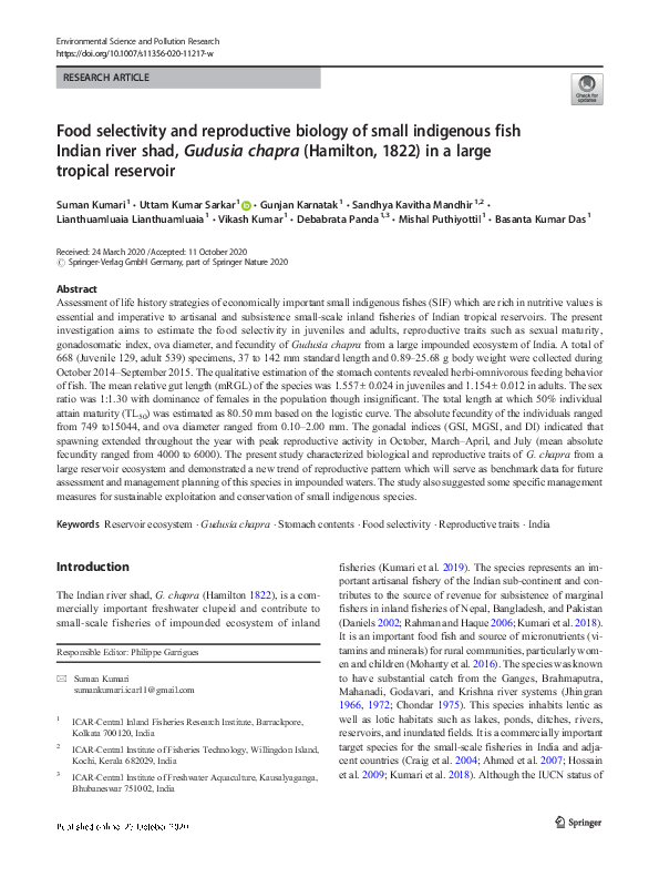 (PDF) Food selectivity and reproductive biology of small indigenous ...