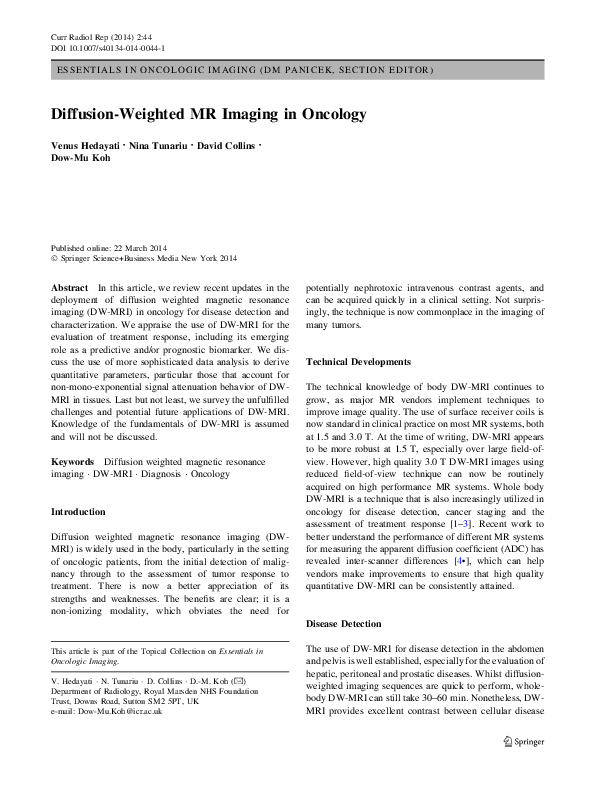 (PDF) Diffusion-Weighted MR Imaging in Oncology