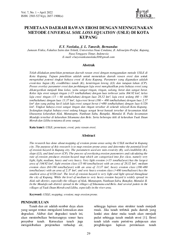 (PDF) Pemetaan Daerah Rawan Erosi Dengan Menngunakan Metode Universal Soil Loss Equation (Usle ...