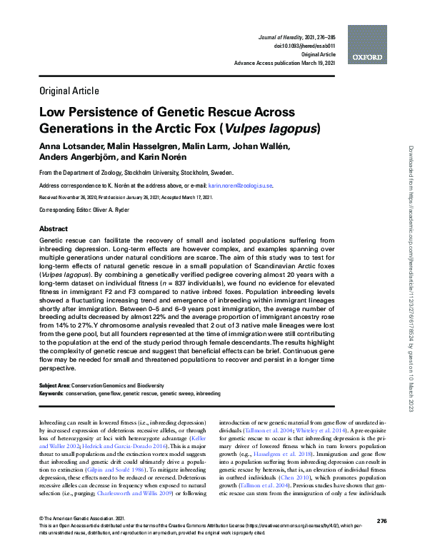 (PDF) Low Persistence of Genetic Rescue Across Generations in the ...