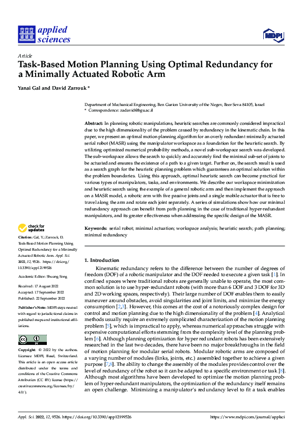 (PDF) Task-Based Motion Planning Using Optimal Redundancy for a Minimally Actuated Robotic Arm