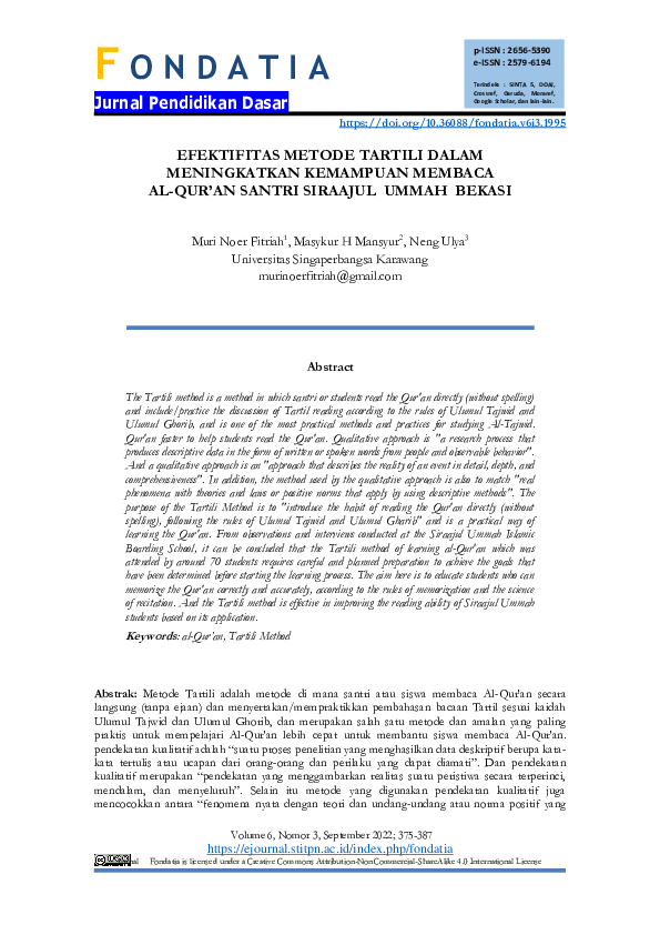(PDF) Efektifitas Metode Tartili dalam Meningkatkan Kemampuan Membaca Al-Qur’an Santri Siraajul ...