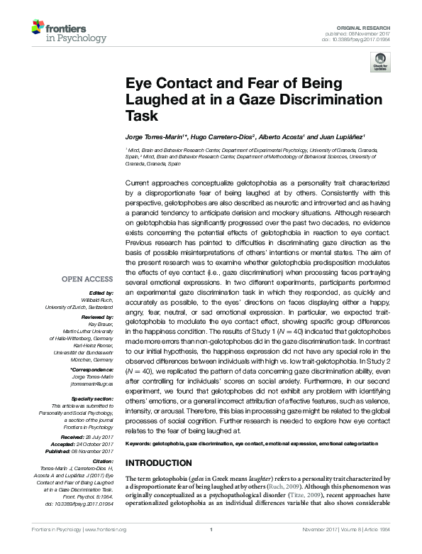 (PDF) Eye Contact and Fear of Being Laughed at in a Gaze Discrimination ...