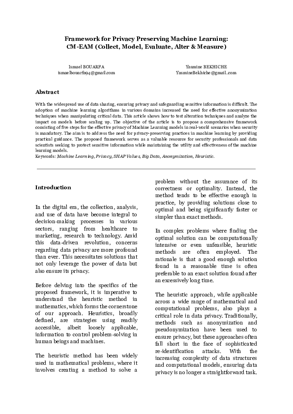 (PDF) Framework for Privacy Preserving Machine Learning: CM-EAM (Collect, Model, Evaluate, Alter ...