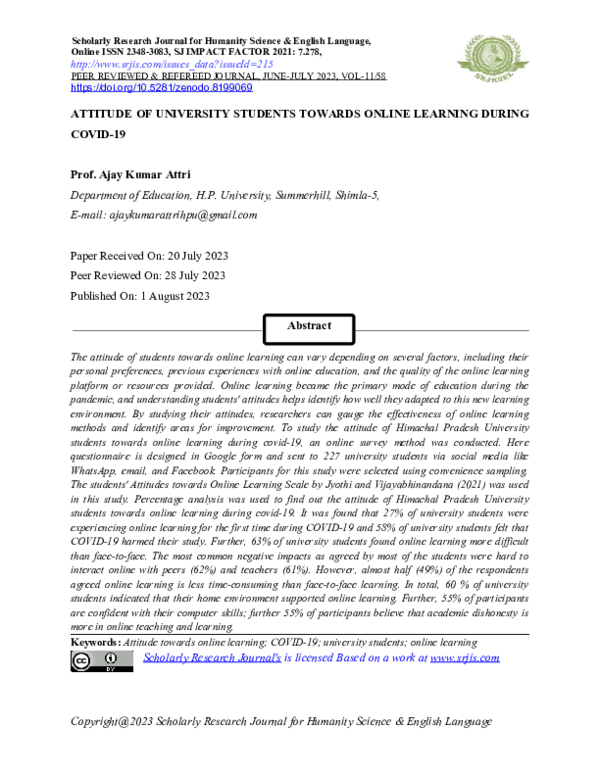 (PDF) ATTITUDE OF UNIVERSITY STUDENTS TOWARDS ONLINE LEARNING DURING COVID-19