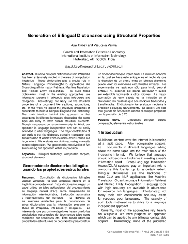 (PDF) Generation of Bilingual Dictionaries using Structural Properties