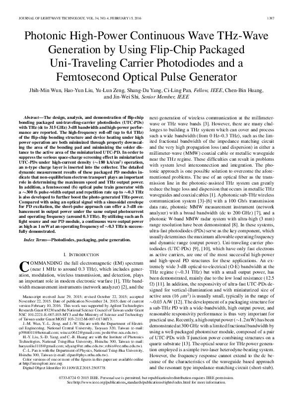 (PDF) Photonic High-Power Continuous Wave THz-Wave Generation by Using Flip-Chip Packaged Uni ...
