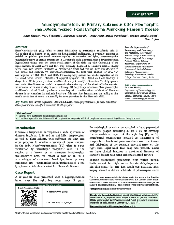 (PDF) Neurolymphomatosis in primary cutaneous CD4+ pleomorphic small ...