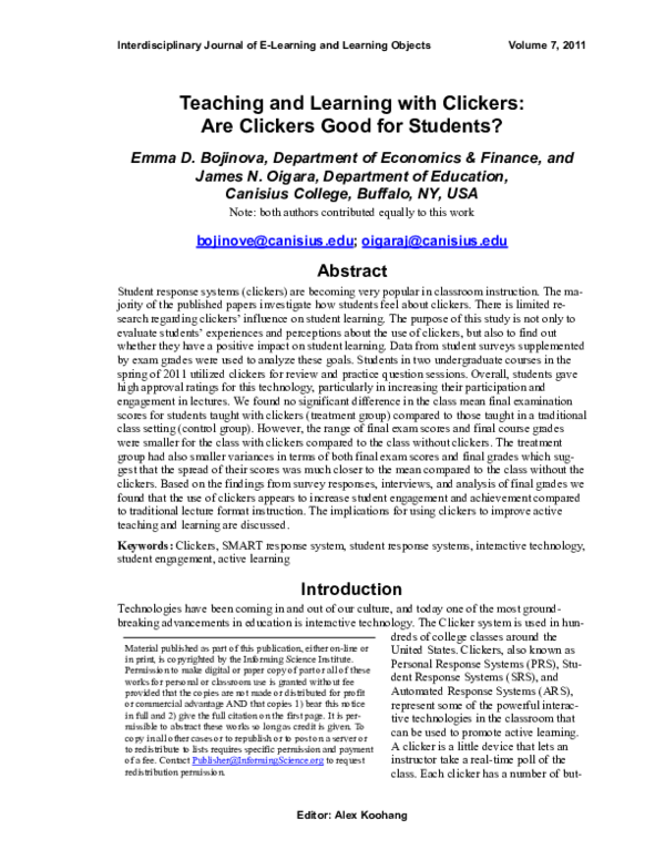 (PDF) Teaching and Learning with Clickers: Are Clickers Good for Students?