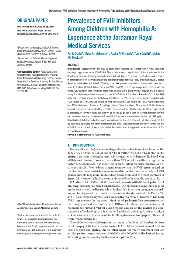 (PDF) Prevalence of FVIII Inhibitors Among Children with Hemophilia A ...
